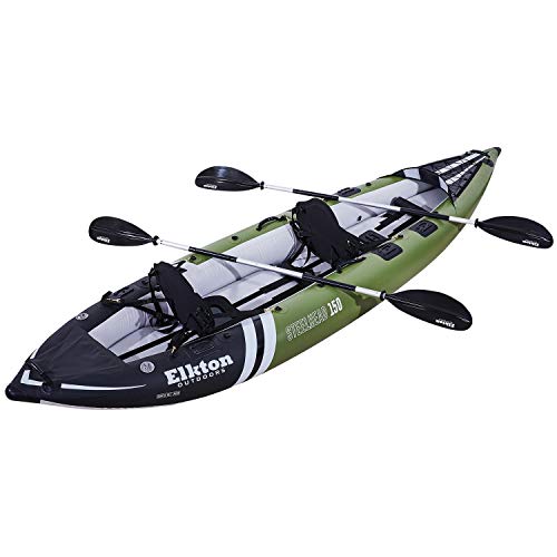 Elkton Outdoors Steelhead Inflatable Fishing Kayak Boat - 2 Person Angler Blow Up Tandem Kayak, Includes Paddles, Seats, Hard Mounting Points, Bungee Storage, Rigid Dropstitch Floor and Spray Guard
