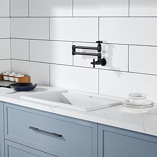 KRUZOO Pot Filler Kitchen Faucet Solid Brass Folding Wall Mount Stretchable Double Joint Swing Arm Single Hole 2 Handles Extending Arm,Matte Black