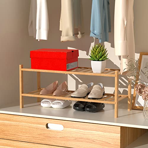 RONGJIA 2-Tier Natural Bamboo Shoe Rack - Stackable Storage Shelf with Multi-Function Combinations - Free Standing Shoe Racks for Convenient Shoe Organization(Natural) 11" D x 27" W x 13" H