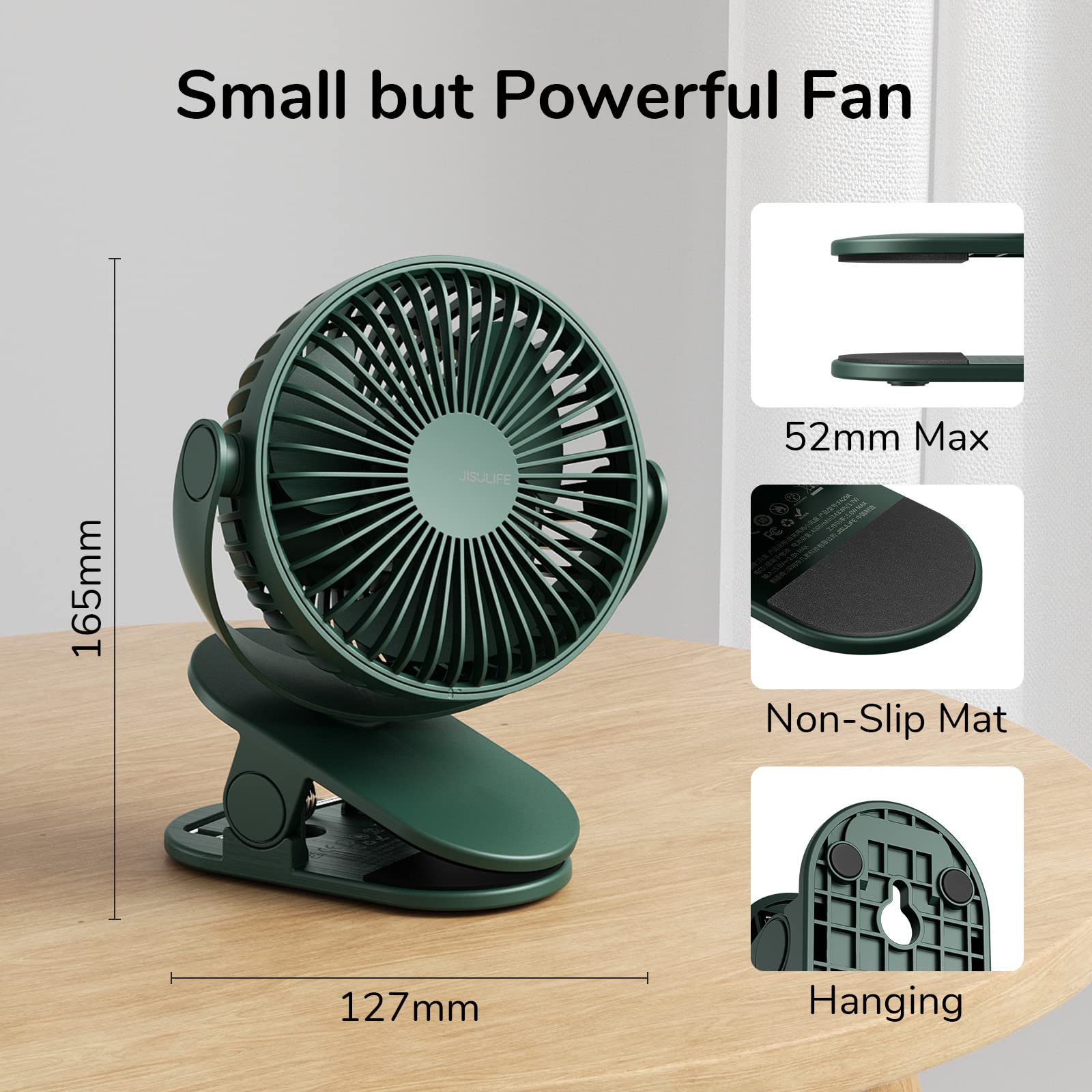 JISULIFE Clip on Desk Fan, Small USB Plug in Fan, 4 Speed Modes, Personal Cooling Table Fan with Strong Wind, Ultra Quiet, Sturdy Clamp Mini Fan for Office Home Dorm Bedroom- Green