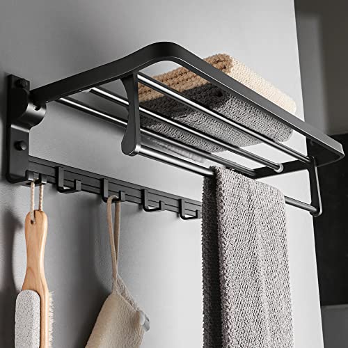 MUSTORN Towel Rack Wall Mount for Bathroom with Towel Bar and Hooks 23.6 in Foldable Towel Shelf Lavatory Towel Organizer Matte Black
