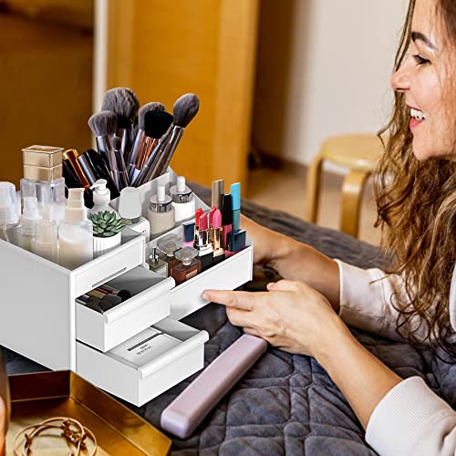Peachic White Makeup Organizer With Drawers β Countertop Organizer for Cosmetics β Vanity Storage for Skincare, Lashes, Brushes, Nail Polish, Lotions, Lipstick, Makeup