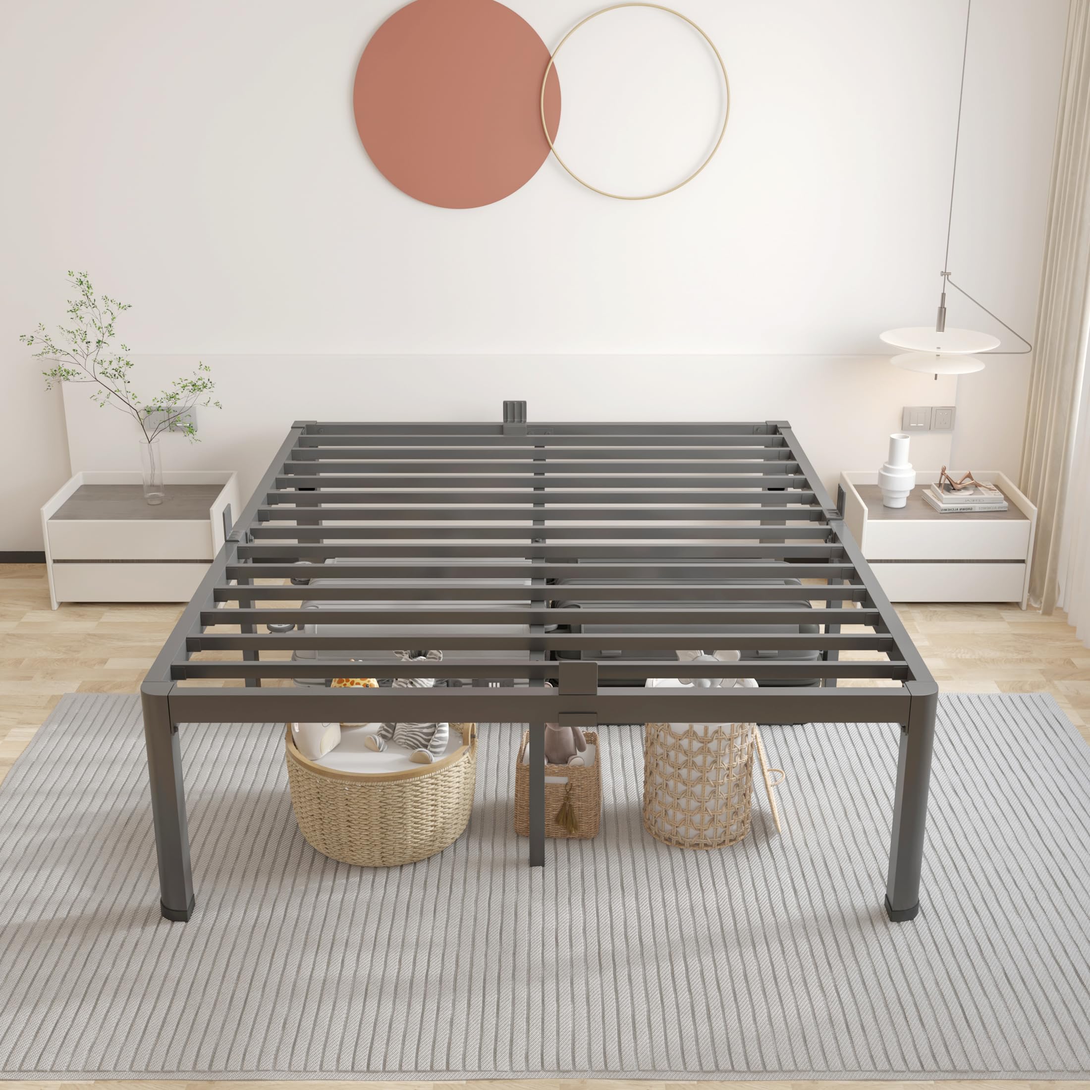 ROIL 18 inch Metal Full Bed Frame with Rounded Corner and Headboard Hole Mattress Retainers 3500LBS Heavy Duty Steel Slats No Box Spring Needed Platform Noise-Free Easy Assembly