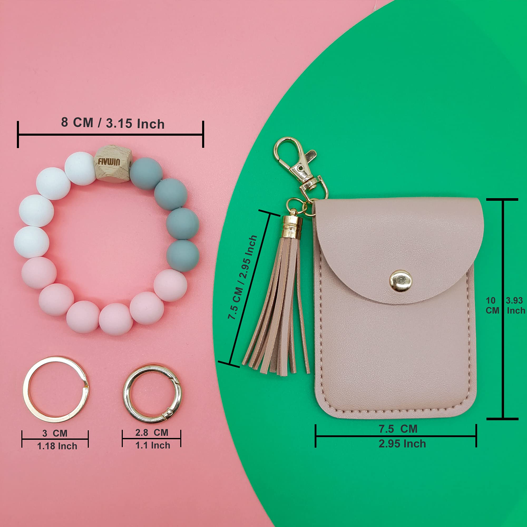 FIVWIN Wristlet Keychain Bracelet Wallet for Women Silicone Beaded Car Key Rings with Tassel Bangle Card Holder