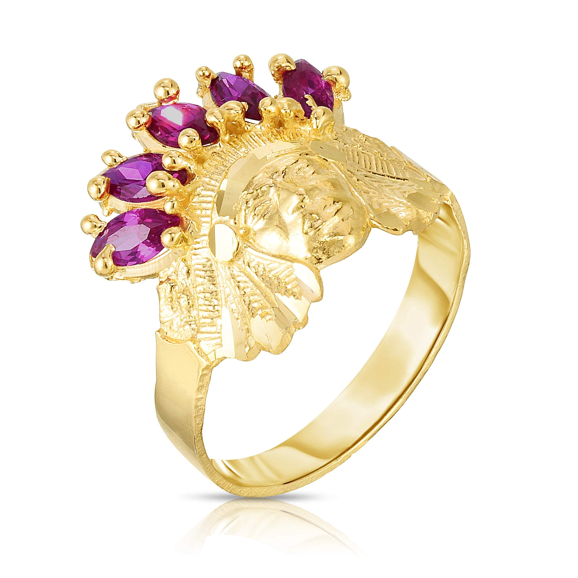 Floreo 10k Yellow Gold 16mm Indian Tribal Chief Head CZ Ring (Rube red color Gemstone, Size 7.5)