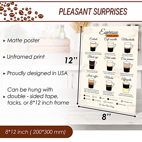 Porcelain Espresso Cups Set of 4 with Saucers - Comes with a Complimentary Espresso Drink Poster - Modern Dishwasher Safe Espresso Cup Set in Gift Box for any Occasion - 3.5 oz each, Ivory White.