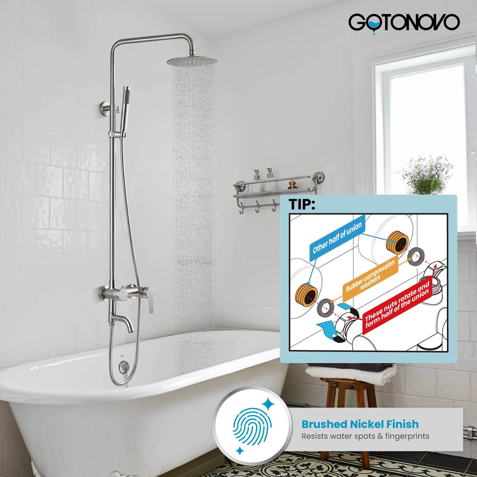 gotonovo Stainless Steel SUS304 Shower Faucet 8 Inch Rainfall Shower Head Cylinder Handle Brushed Nickel Exposed Shower Fixture Wall Mount Shower System With Hand Spray