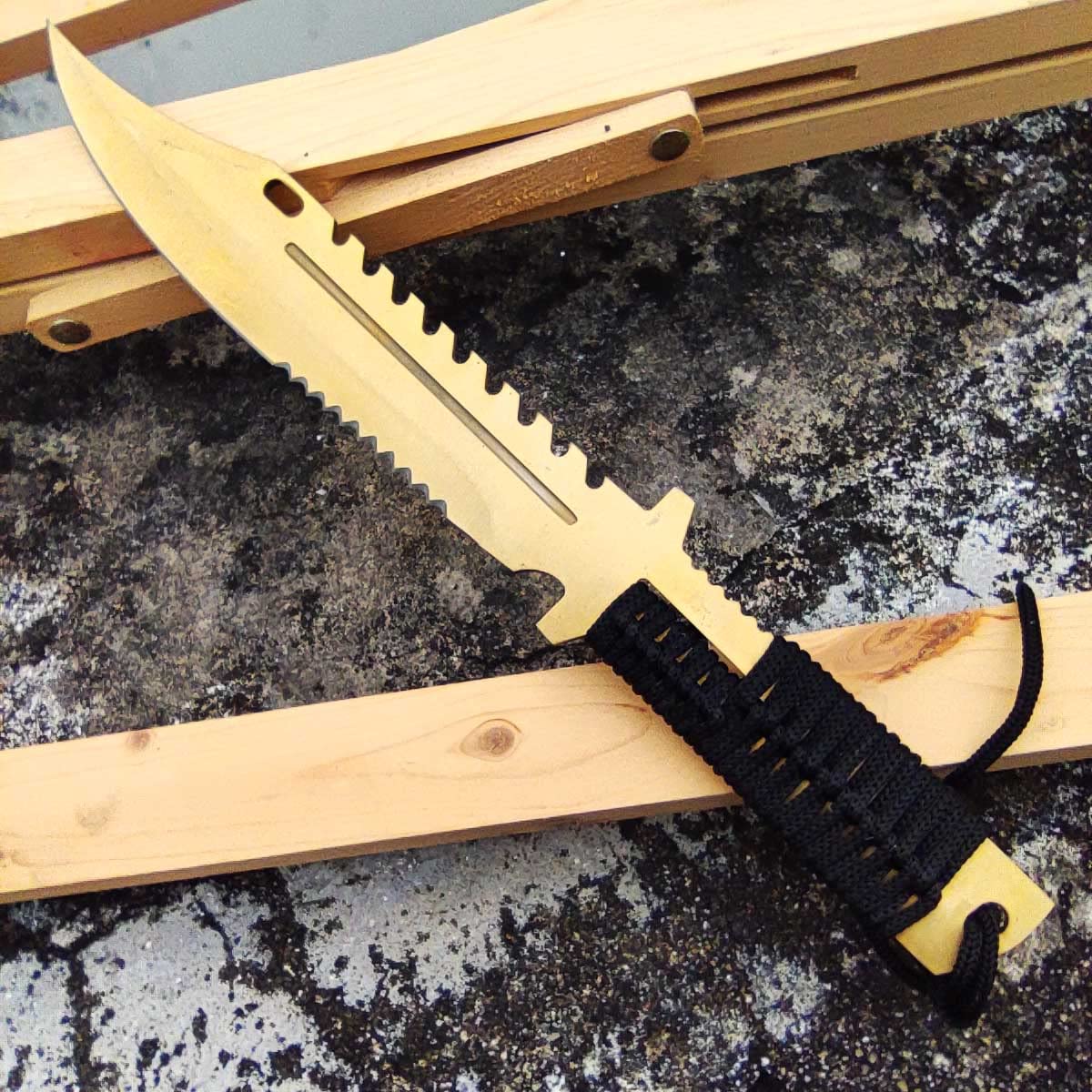 Fixed Blade Hunting Camping Knife Full Tang Handle Straight Blades with Sheath, Gold Titanium
