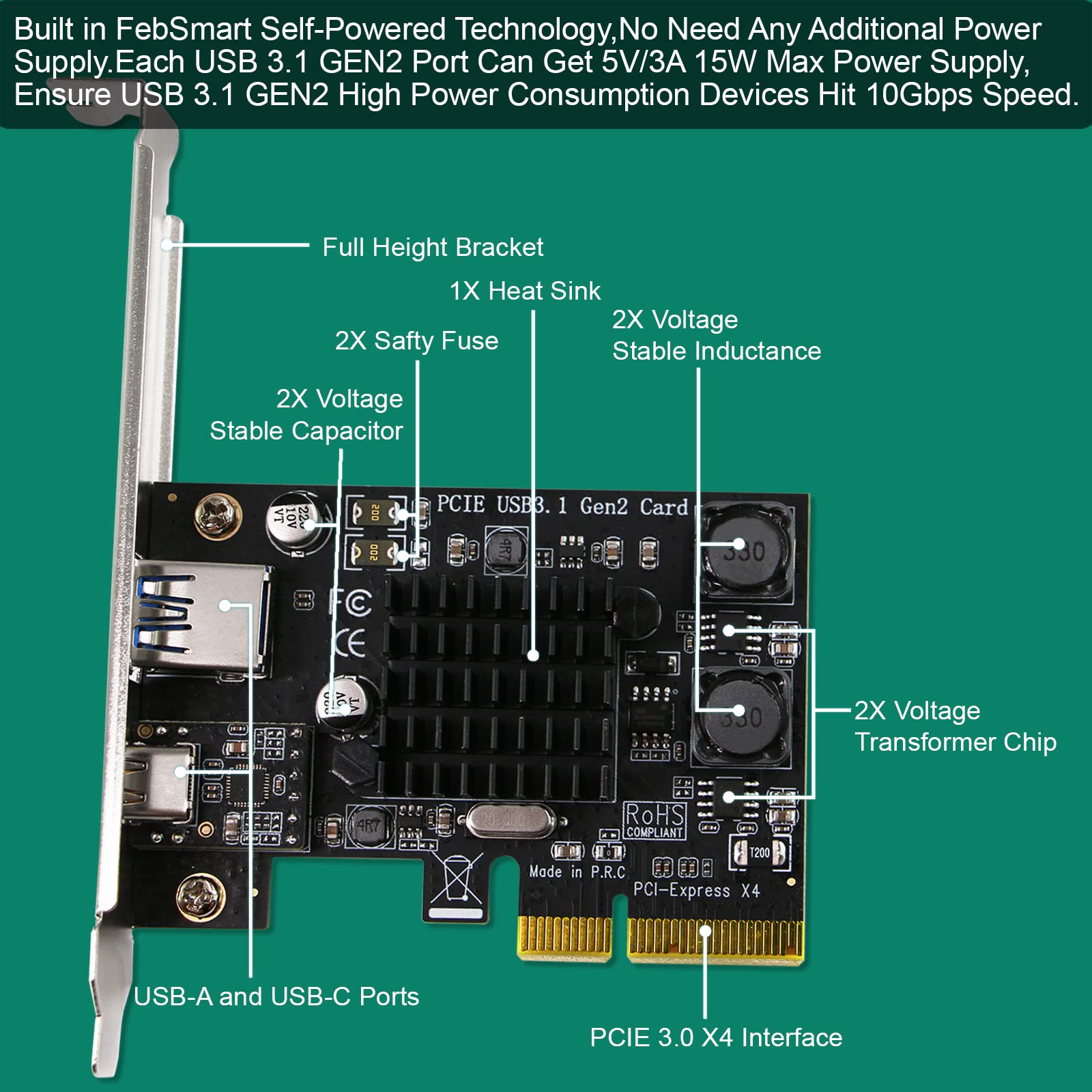 FebSmart 1X USB-A & 1X USB-C 10Gbps Ports PCIE USB 3.1 GEN2 Expansion Card for Windows 11, 10, 8.x, 7 (32/64bit), Windows Server, MAC OS and Linux PCs, Built in Self-Powered Technology (FS-AC-Pro)