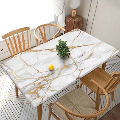 mutakin Marble White Rectangle Tablecloth Reusable Elastic Edge Table Cover Waterproof for Patio Dining Decoration 60" L X 30" W