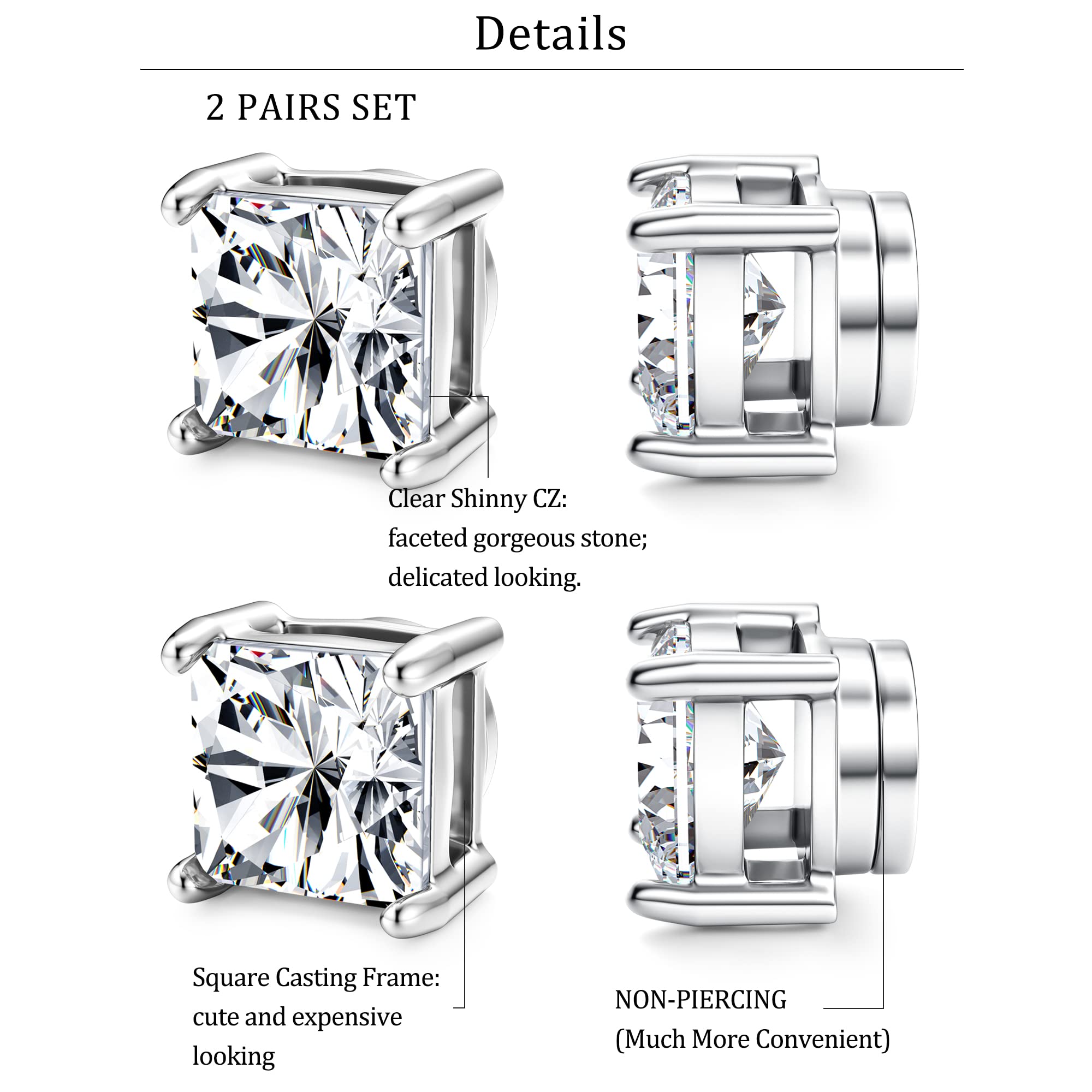 Florideco 4 Pairs Stainless Steel Mens Womens Magnetic Stud Earrings Non-piercing CZ 5-8mm SS
