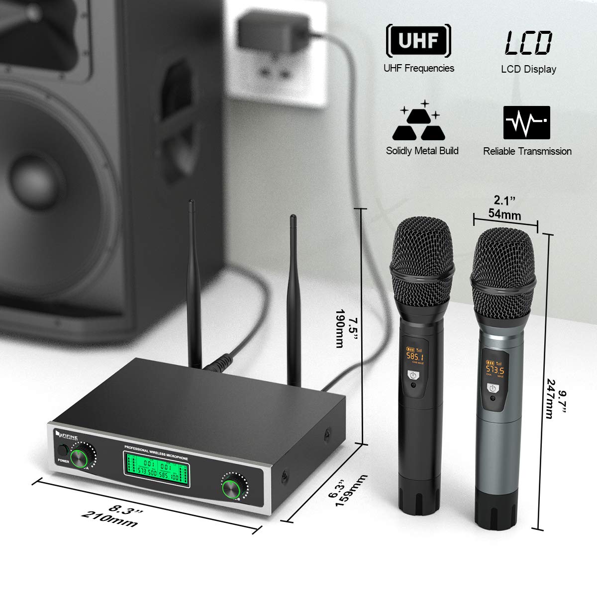 Fifine Wireless Microphone System, Two Handheld Dynamic Cordless Mic and Dual Channel Receiver, 50 Selectable UHF Frequency for Karaoke Singing Party,Church,DJ,Wedding,School Presentation.(K040)