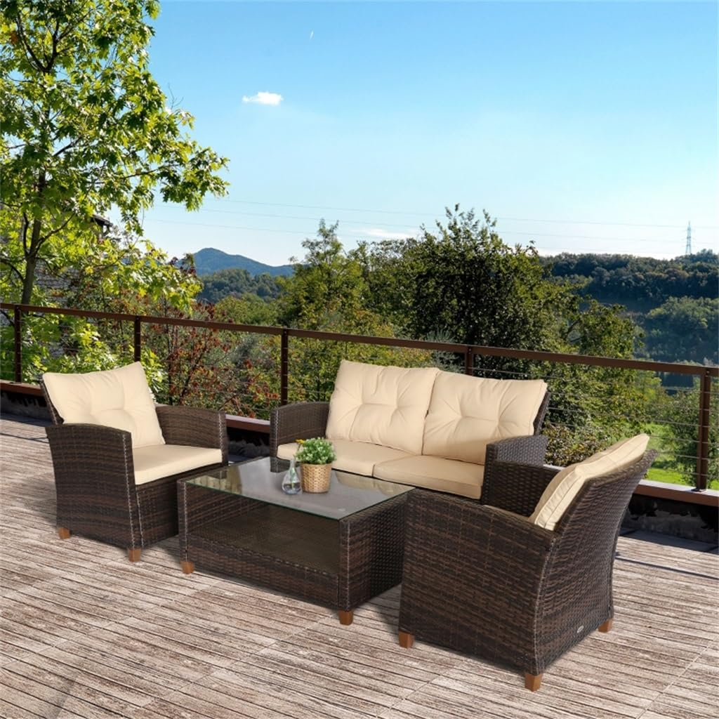 FZZDP 4 Piece Patio Furniture Set Outdoor Wicker Loveseat Sofa & Chairs,with 2-Tier Glass Coffee Table Cushions