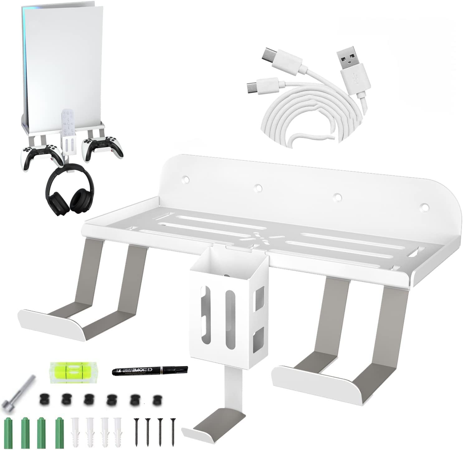 OUBANG for PS5 Wall Mount Holder, White Wall Mount Stand Work with Playstation 5 (Disc and Digital), 6 in 1 Hideout Mount for PS5 Console Metal Wall Mount Kit for PS5 Accessories with Charging Cable