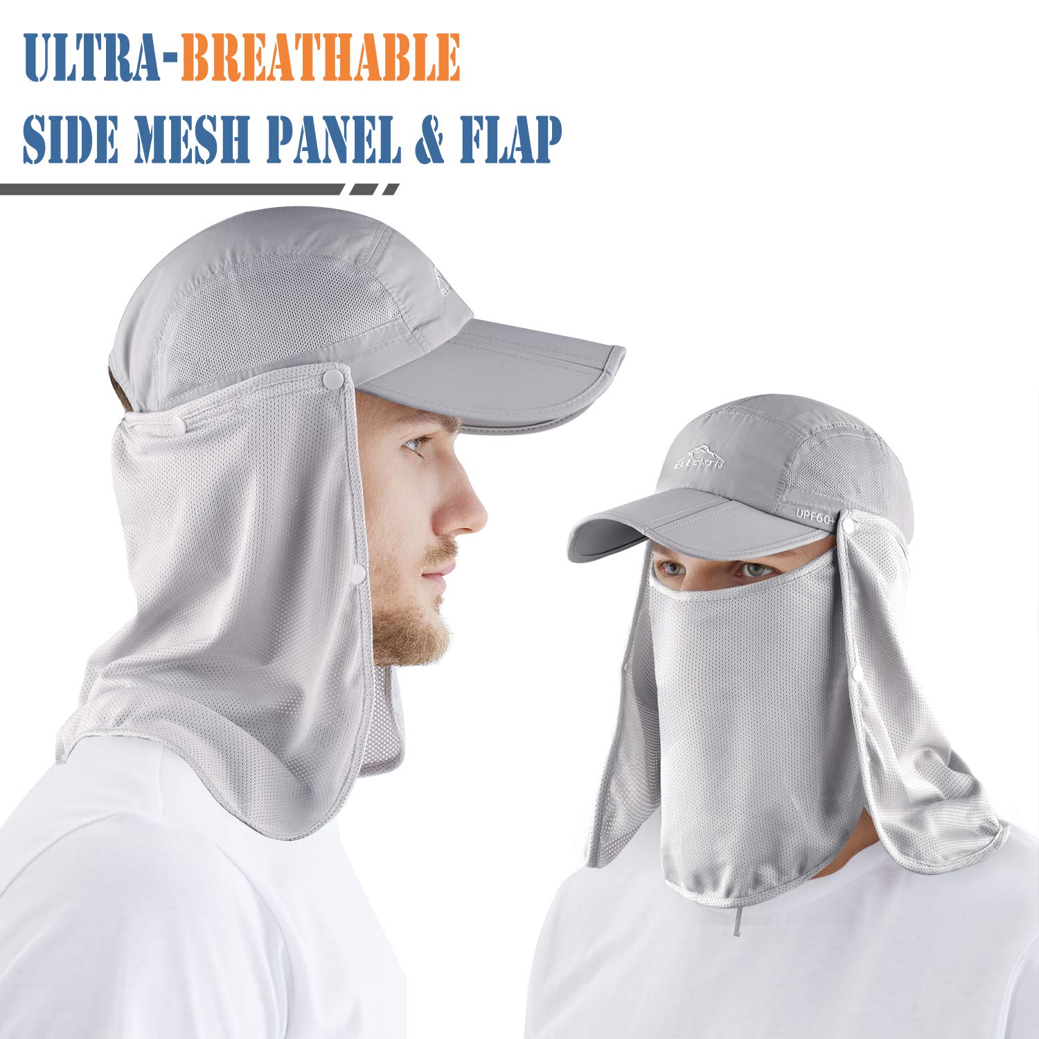 ELLEWIN Outdoor Sun Hat for Men Women UPF 50+ Fishing UV Hat with Neck Flap Face Cover for Sun Protection Light Grey