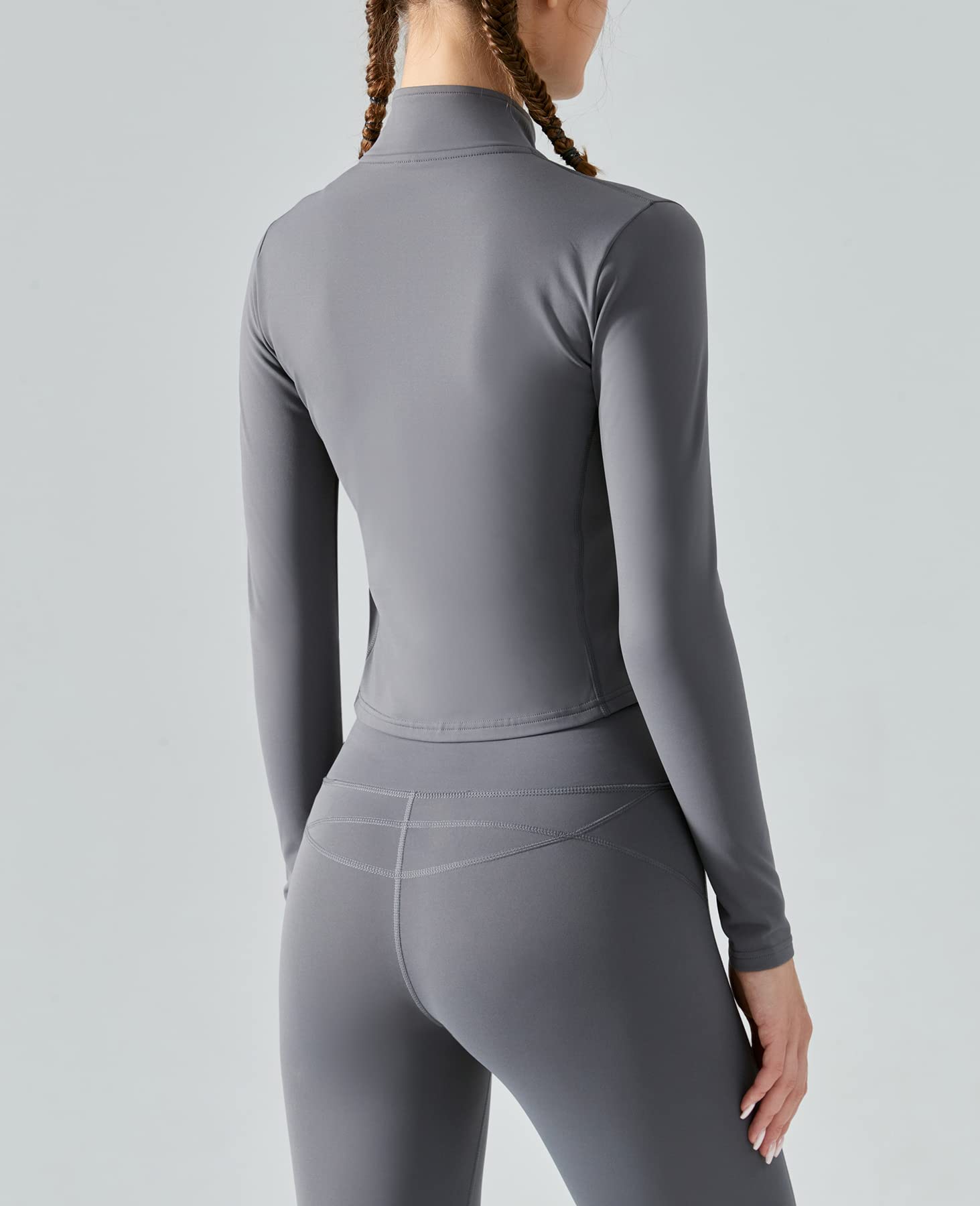 Holylion Women's Warm Fleece Yoga Tops Crop Zip Up Workout Jacket (Grey, M)