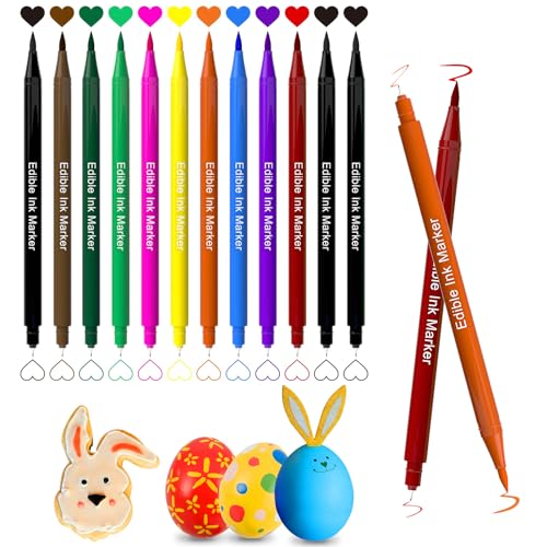 Jewem Edible Markers for Cookie Decorating,12Pcs Ultra Fine Tip(0.5mm) Food Coloring Pens, Upgrade Double Side Food Grade Pens for Decorating Fondant Cakes,Easter Eggs,Frosting,Macaron(10 Colors)