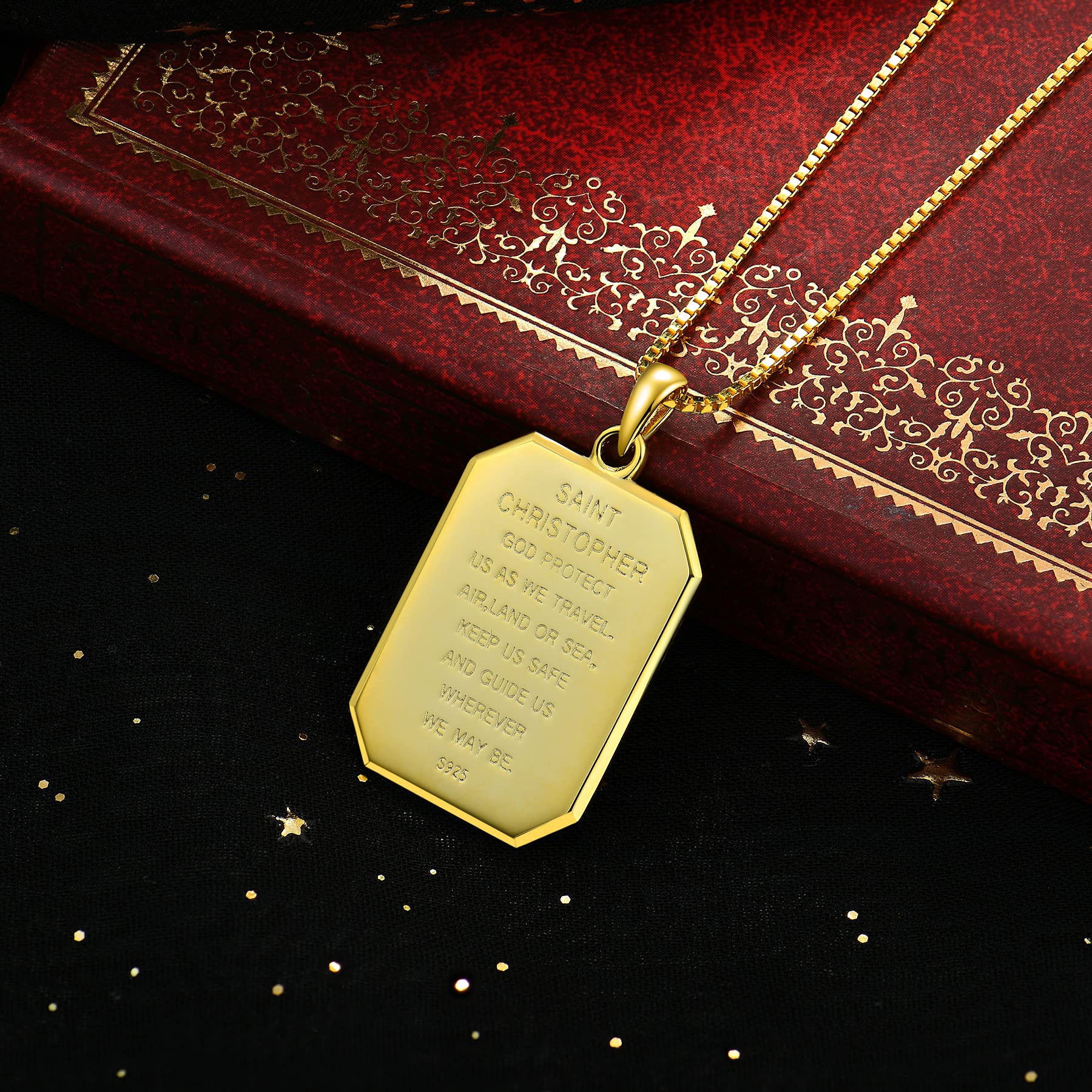 FJ 18K Gold Plated St Christopher Necklace 925 Sterling Silver Square Saint Christopher Pendant Necklace for Women Men with 20 Inch Chain