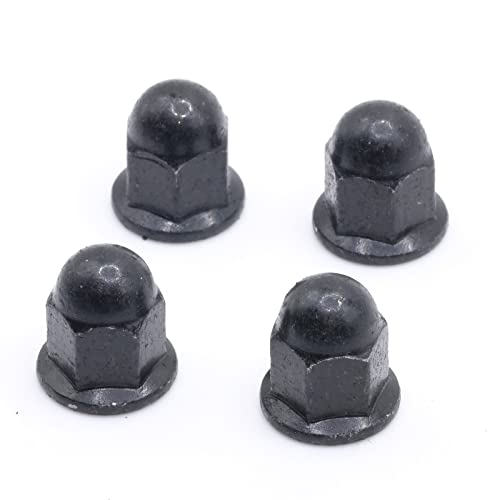 ReplacementScrews License Plate Retainer Screws/Nuts Compatible with Volvo OEM Part 968458 (Screws onto Existing Stud) - Tall Dome/Acorn Head with Flange - Black Plated Steel Cap (Pack of 4)