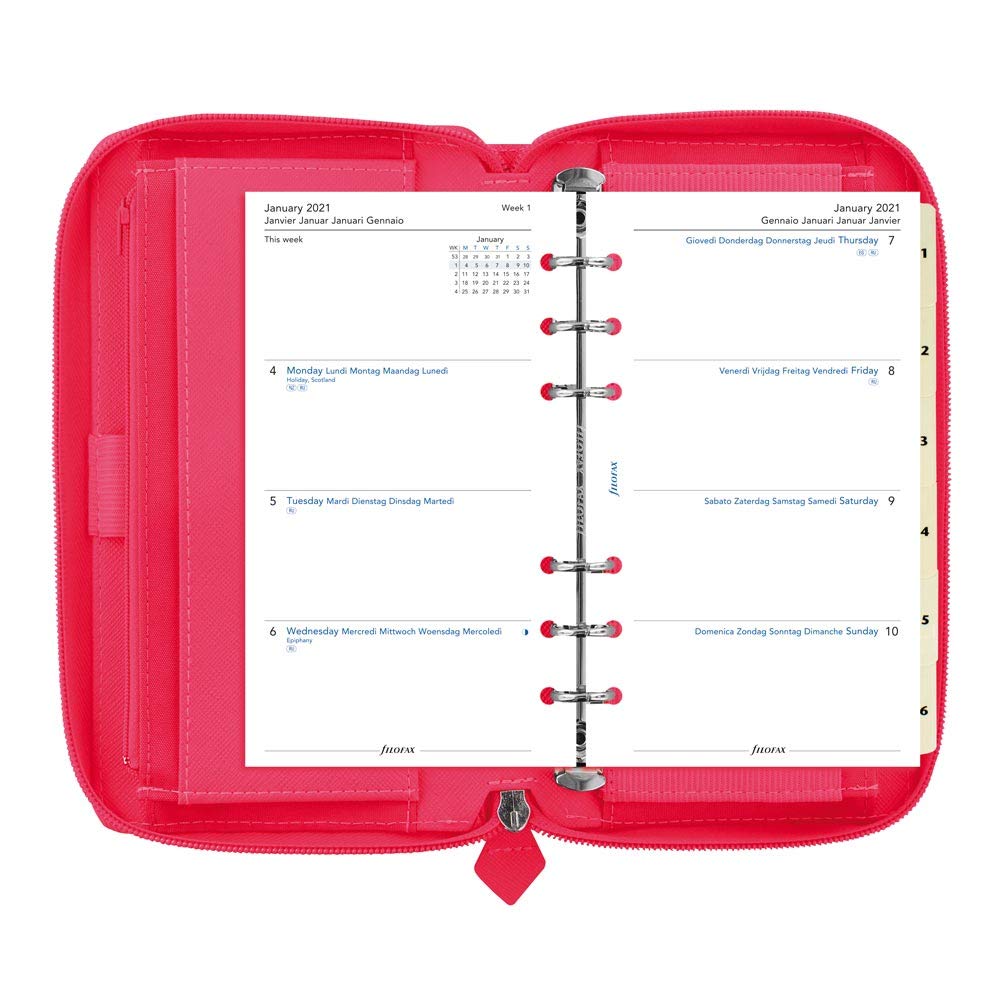 Filofax 2021 Saffiano Zip Fluoro Pink - Personal Compact, Zip Closure, 6 Rings, Includes Week On 2 Pages Calendar Diary, Multilingual (C028751-21)