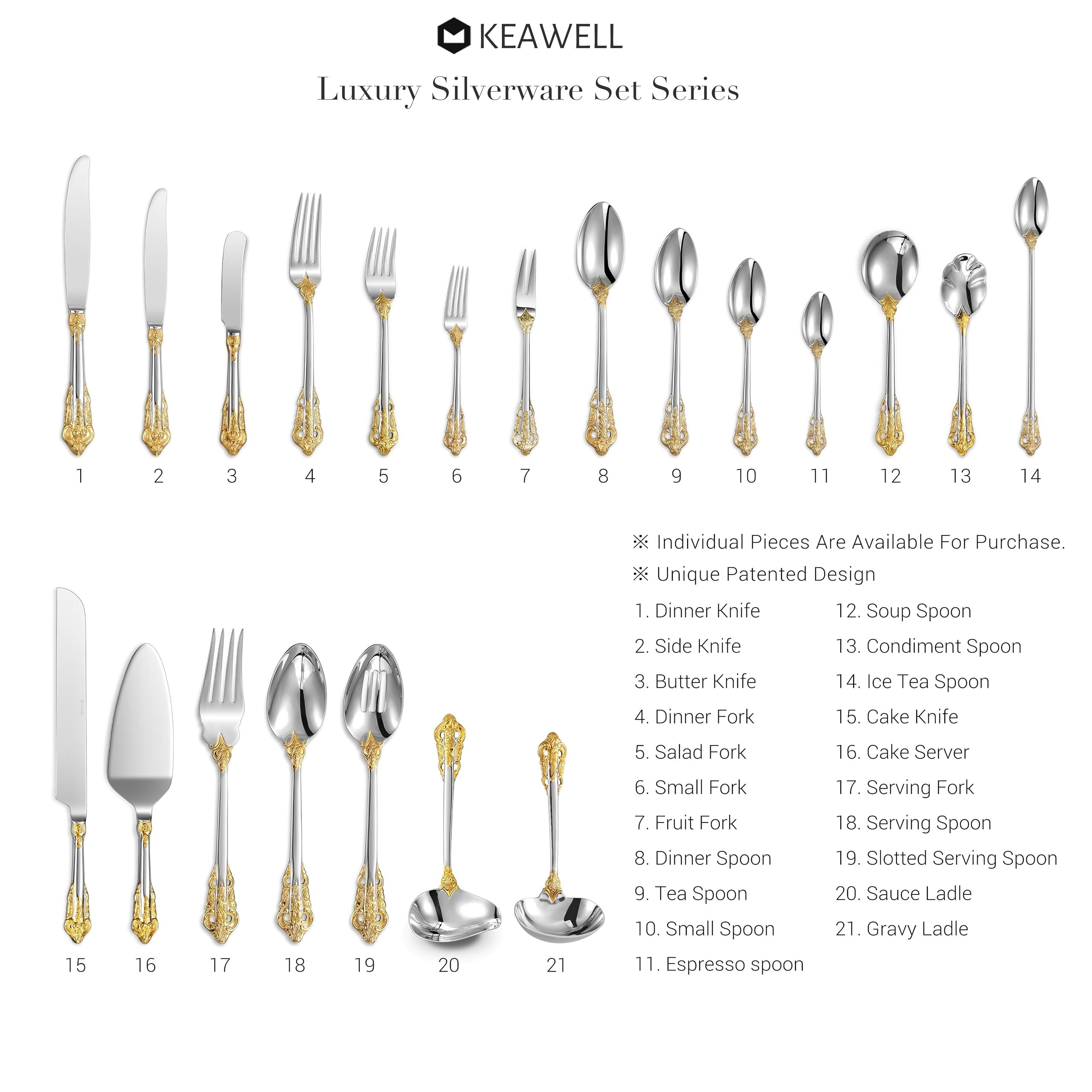 KEAWELL Gorgeous 5-Piece 18/10 Stainless Steel Hostess Serving Utensil Set, Dishwasher Safe, Gold Accent