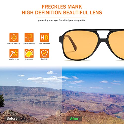 Freckles Mark Vintage Retro 70s Sunglasses for Women Men Classic Large Square Aviator Trendy Glasses (Tinted Yellow, Millimeters, 60)