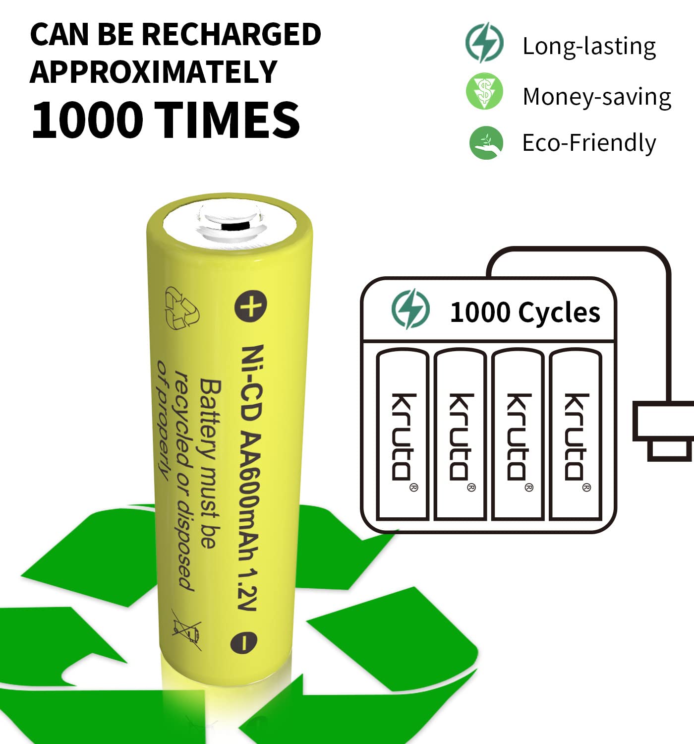 Kruta Rechargeable AA Batteries Ni-CD 600mAh 1.2V Rechargable Solar Light AA Batteries for Outdoor Solar Lamps Garden Lights Remotes Mice (Pack 12)