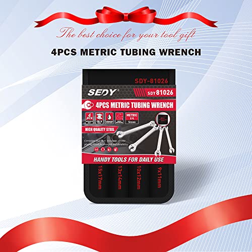 SEDY 4-Piece Flare Nut Wrench Set, Offset End Spanner Metric 9,10, 11,12, 13, 14, 15, 17mm, CR-V Steel, with Storage Pouch for Repair and Remove Nuts on Fuel, Tube, Hose, Transmission Lines