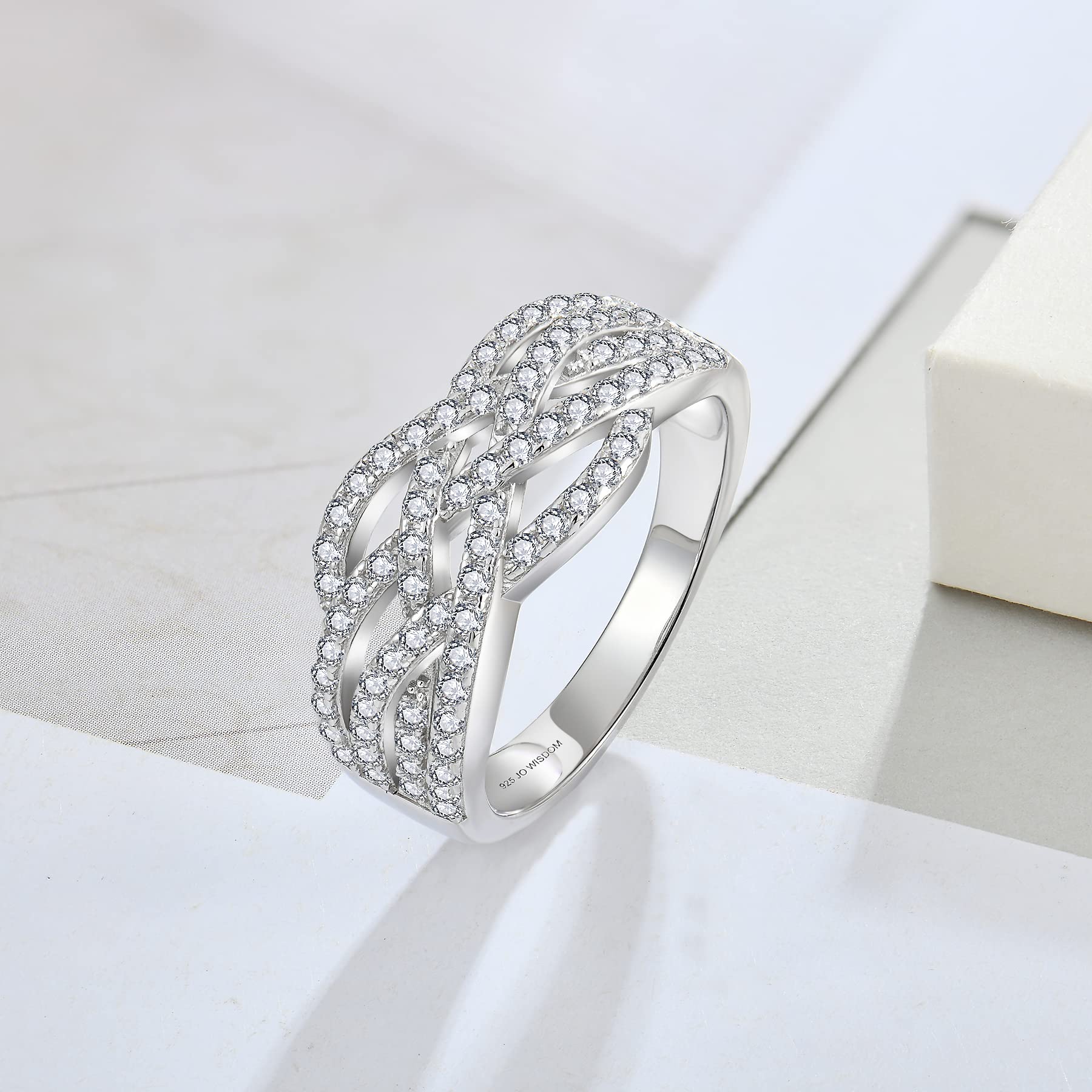 JO WISDOM 925 Sterling Silver Criss Cross Statement Engagement Rings for Women with AAA Cubic Zirconia Ring Size 8