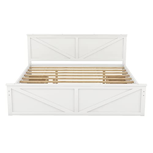 RORIGAT King Size Platform Bed with 4 Storage Drawers, Wooden Bedframe w/Headboard and Support Legs, for Livingroom, Bedroom, Guestroom, No Box Spring Needed, White