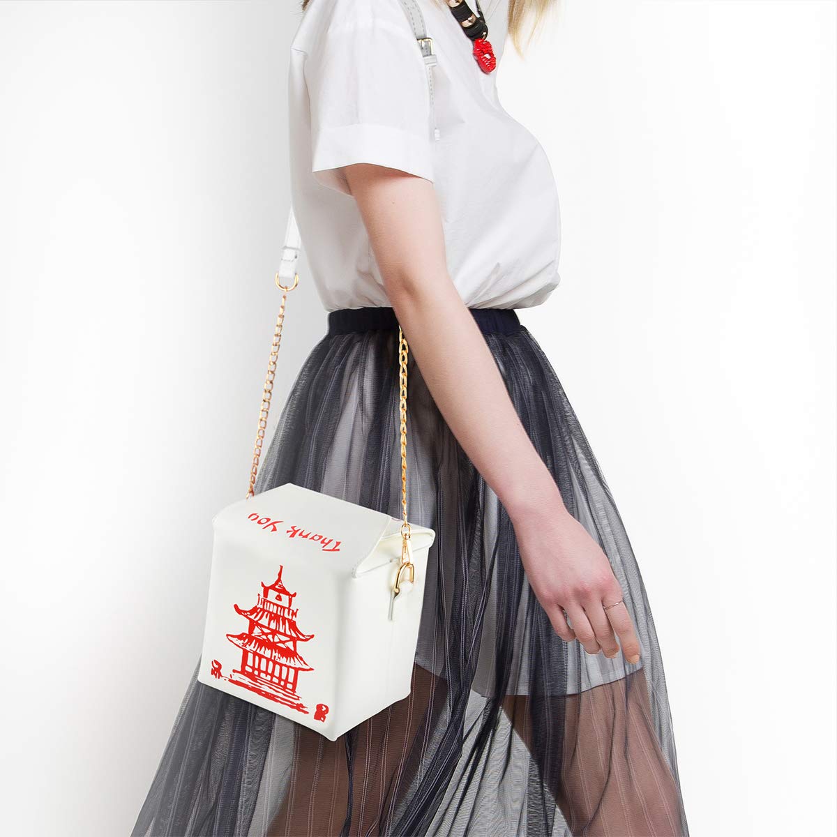 Fashion Crossbody Shoulder Bag, i5 Chinese Takeout Box Purse with Comfortable Chain Strap (white-red1)