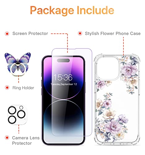 ROSEPARROT Designed for iPhone 14 pro max Case with Tempered Glass Screen Protector + Camera Lens Protector, Clear with Floral Pattern Design, Shockproof Protective Cover (Anemone Blooms)