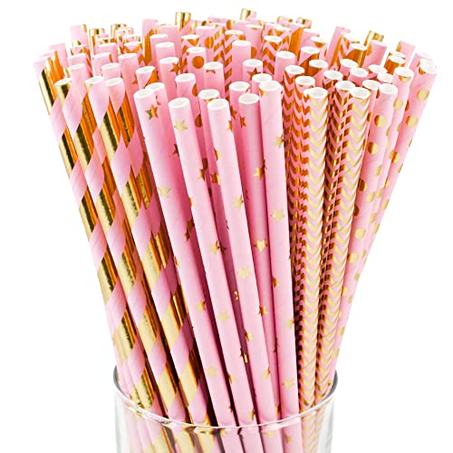 KEDON Pink Gold Paper Straws 100, Disposable Cake Pop Sticks Metallic Gold Striped Star Decorative Pink Straws for Drinking Cocktail Bachelorette Wedding Crafts Baby Bridal Shower Gender Reveal