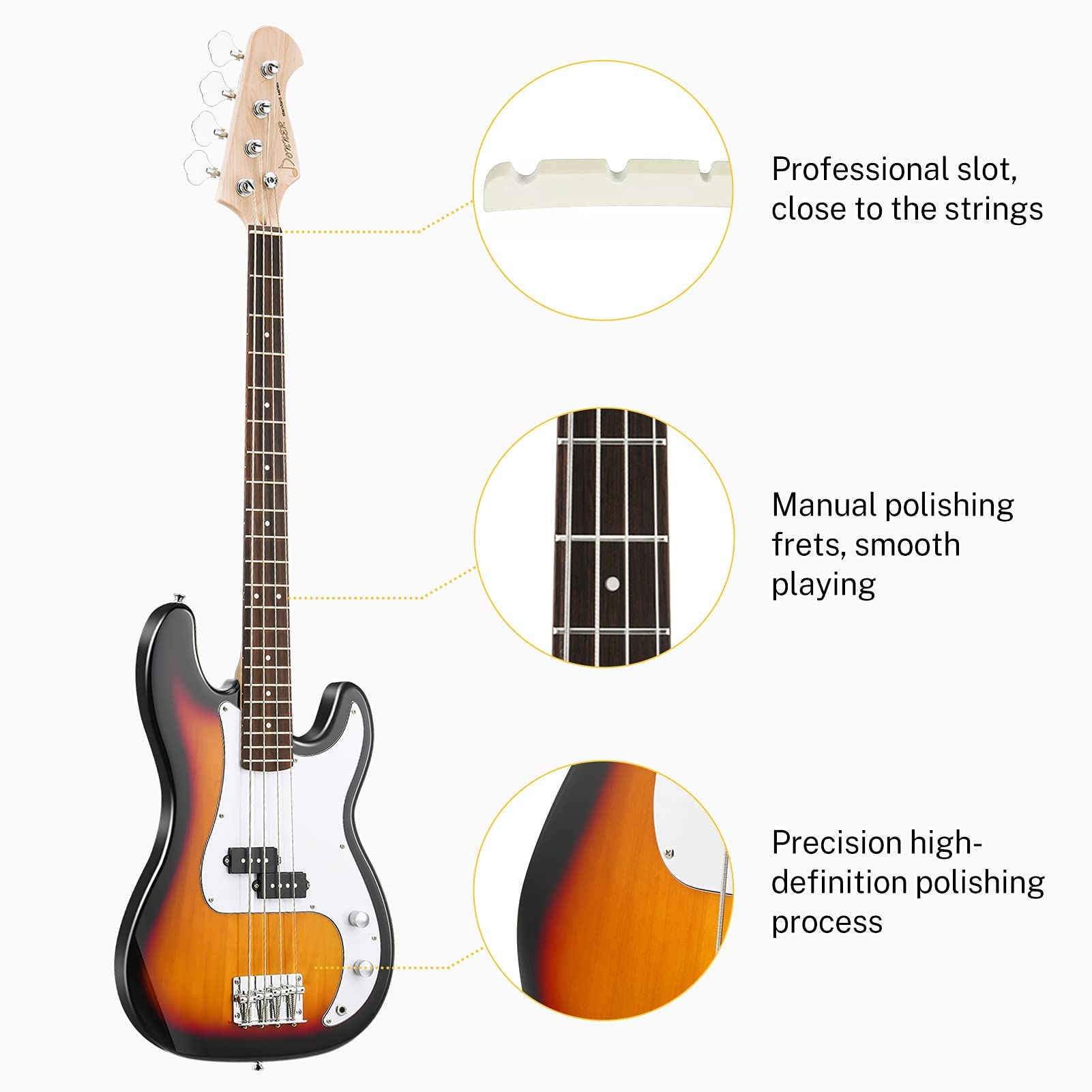 Donner DPB-510S Full-Size Full Size 4 Strings Electric Bass Guitar Sunburst Beginner Starter Kit with Bag & 30W Bass AMP Bass Combo Amplifier DBA-30