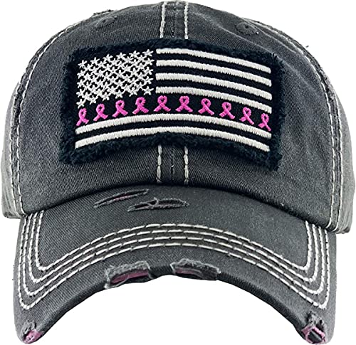 Funky Junque Breast Cancer Ribbon Baseball Cap - American Flag w/Ribbons - Black