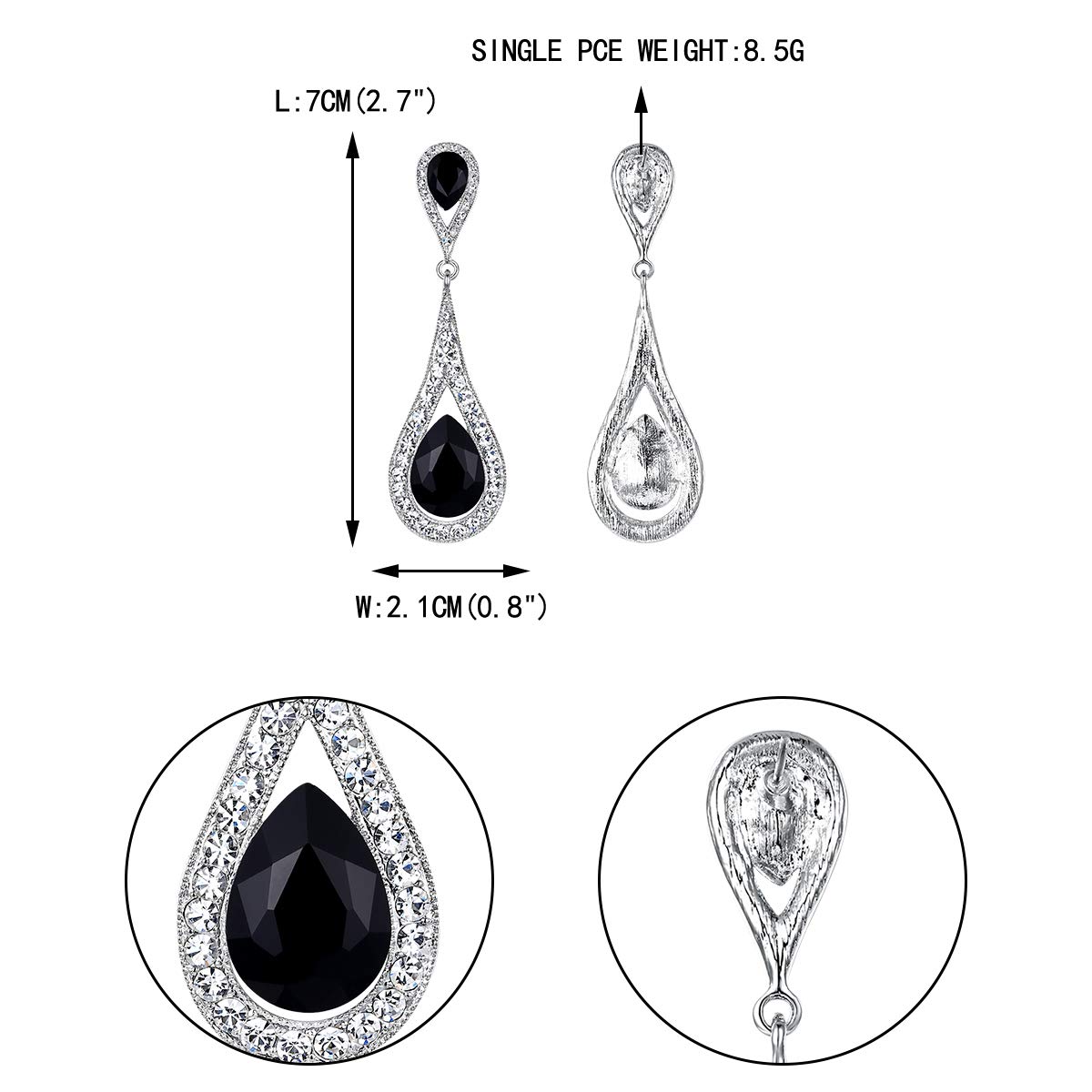 EVER FAITH Costume Jewelry Crystal Dual Teardrop Pierced Drop Dangle Earrings for Women Black Silver-Tone
