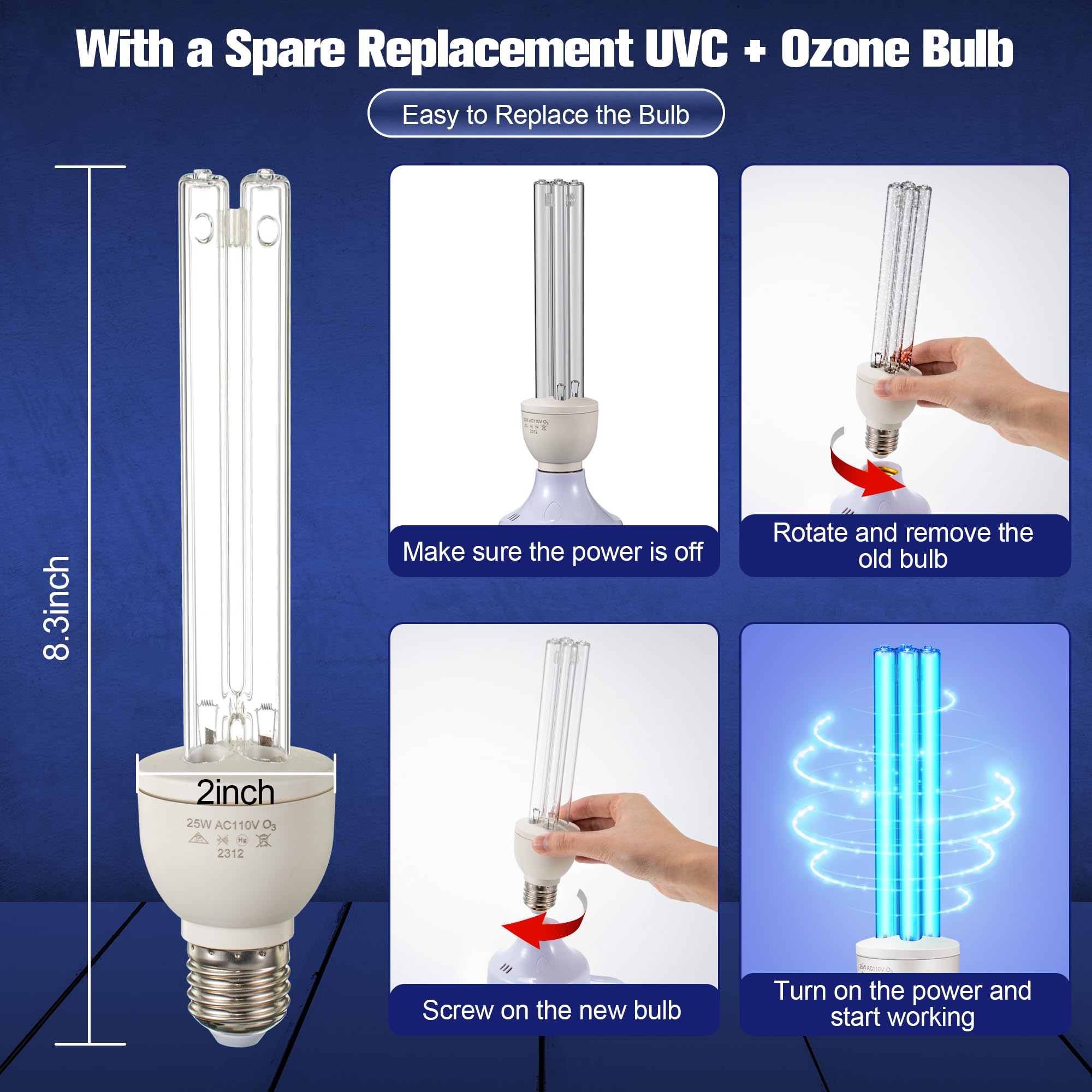 Qualirey 25 Watt UV Light Sanitizer, UVC Lamp with E27 Base and Remote Control, UV Light Bulb for Basement/Bedroom/Kitchen, with Ozone