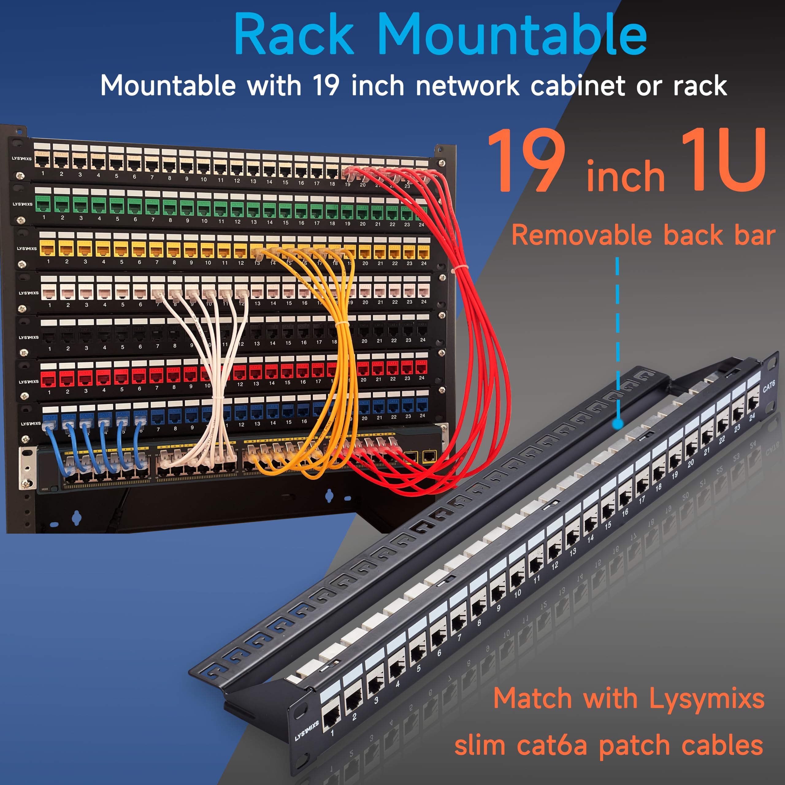 Lysymixs 24 Port RJ45 Patch Panel Cat6 STP Feed Through, Coupler Network Patch Panel 19 Inch, Inline Keystone Ethernet Patch Panel with Back Bar