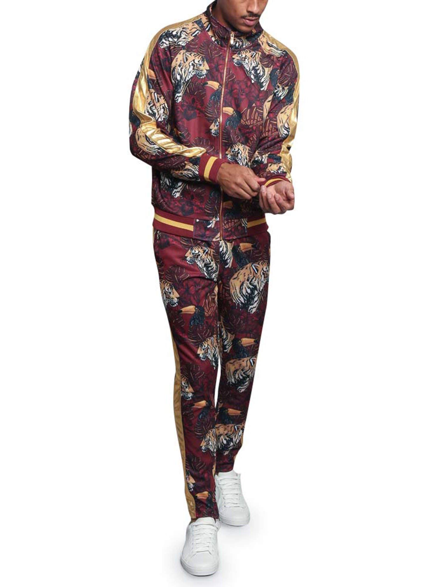 G-Style USA Men's Royal Floral Tiger Track Suit ST559 - Burgundy -Large