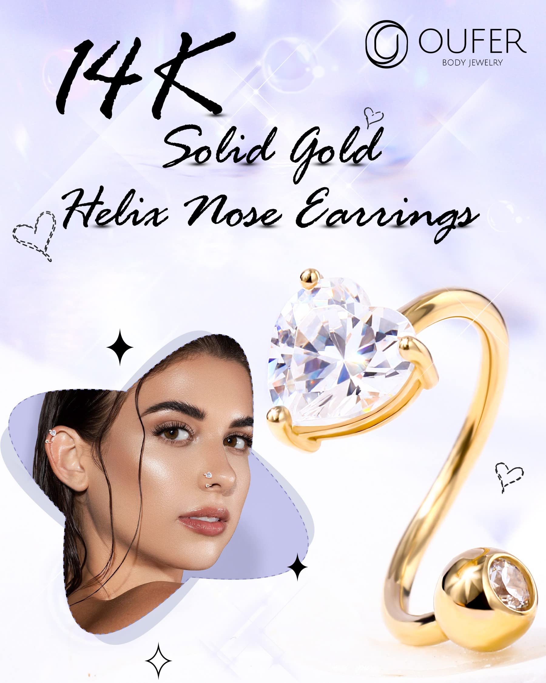 OUFER 16G Twist Helix Earring, 14K Solid Gold Heart Shaped Clear CZ Twist Lip Ring, Labret Conch Rook Upper Lobe Piercing Jewelry For Women And Men