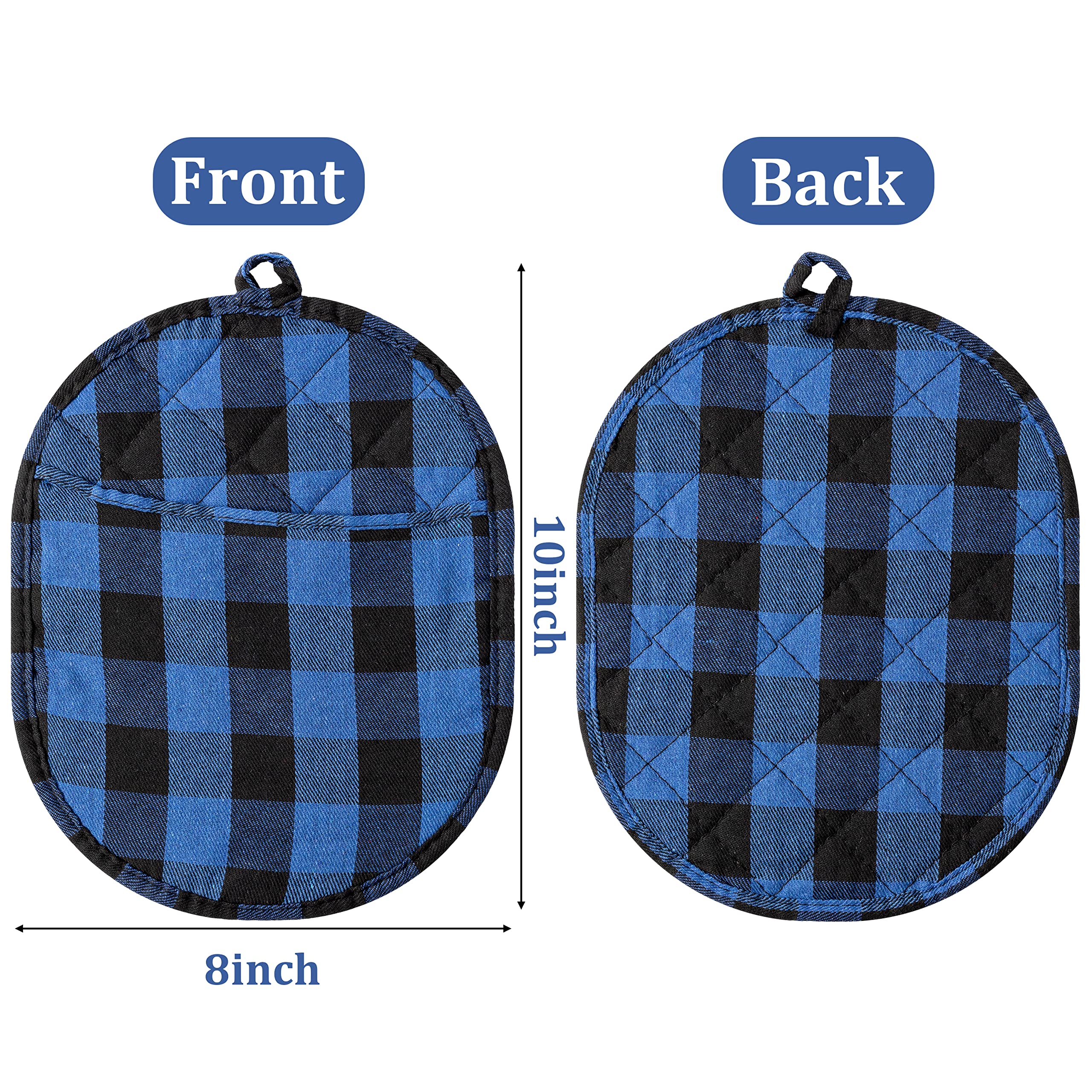 GROBRO7 5Pcs Pot Holder with Pockets Cotton Black and Blue Plaid Oval Potholder Machine Washable Oven Mitt Heat Resistant Hot Pad Multipurpose Potholders for Kitchen Baking Cooking Grilling 10 x 8 in