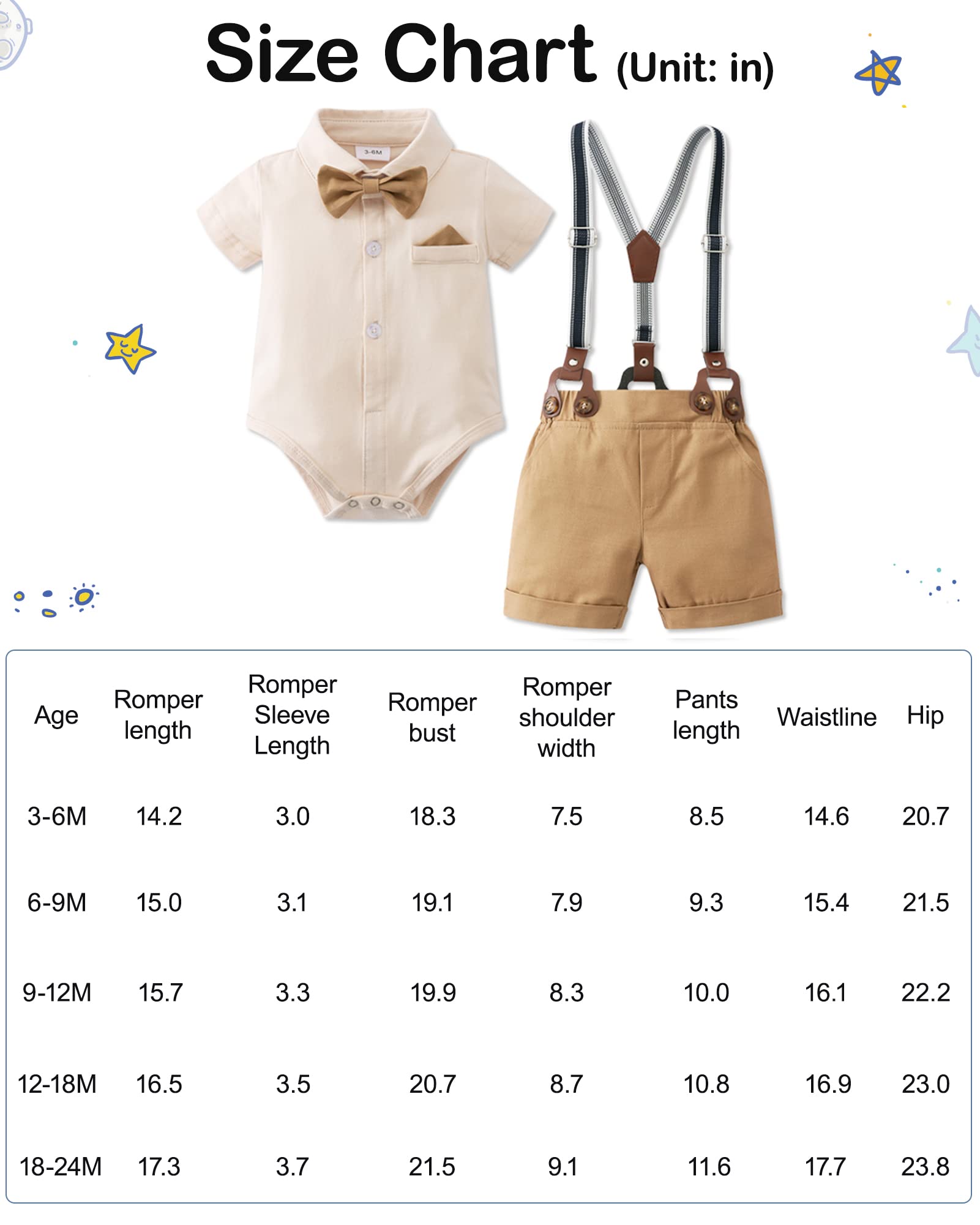 YUEMION Infant Baby Boy Clothes Gentleman Outfits Suits Summer Short Sleeve Bowtie Bodysuit Shirts + Suspender Shorts (Beige,12-18M)