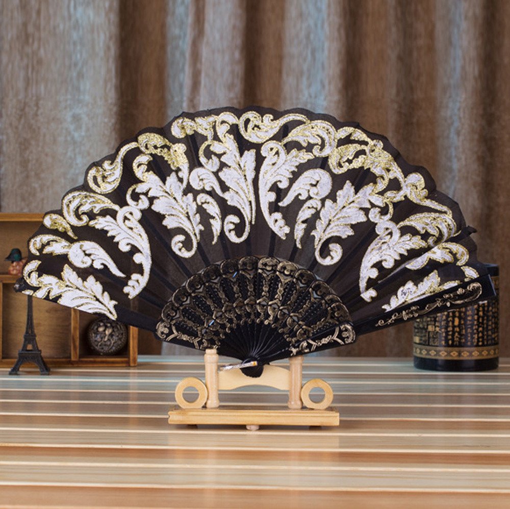DUO ER Chinese/Spanish Style Dance Wedding Party Lace Silk Folding Hand Held Flower Fan (Color : Blue)