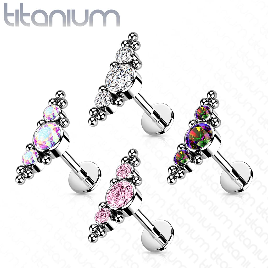 Dynamique Implant Grade Titanium Threadless Push In Labret, Flat Back Stud With 3 CZ And Ball Clusters Top for Cartilage, Lip, Nose (Sold Per Piece)