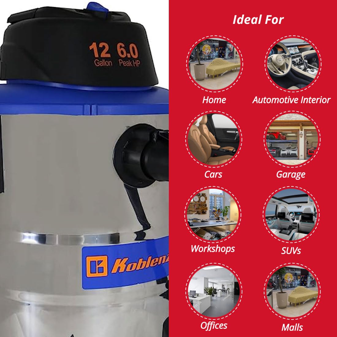 Koblenz WD-12 L314 SS Wet-Dry Vacuum, 12 Gallon Stainless 6.0HP, 1 7/8 x 7 Ft EVA Hose, Stainless+Blue 5 Year Warranty