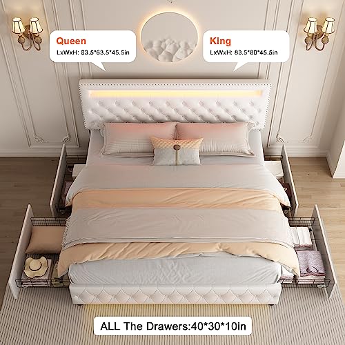 Queen Led Bed Frame with 4 Storage Drawers, with Smart Control RGBW LED Lights Headboard Footboard, Control DIY Color, Box Spring Optional, PU White