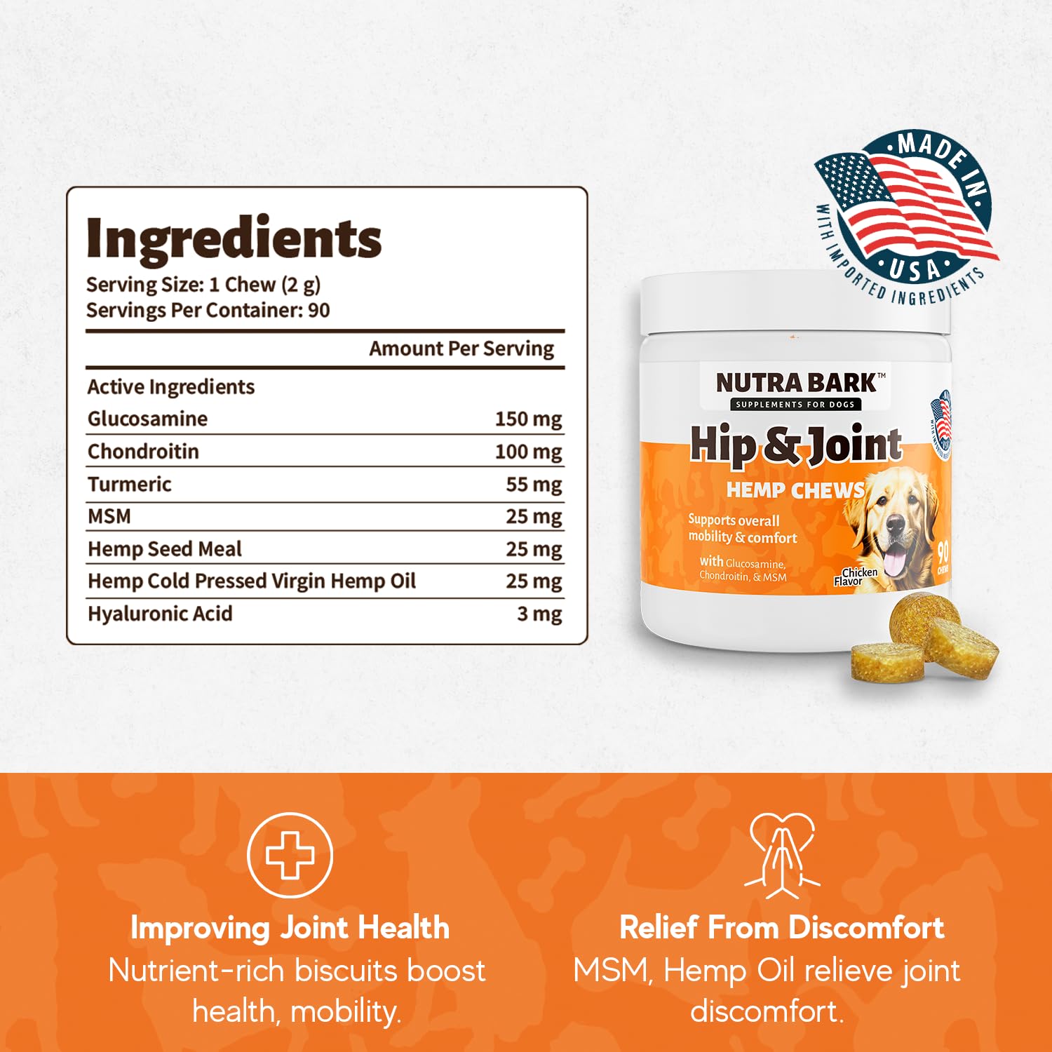 NutraBark Hip & Joint Hemp Chews for Dogs | Glucosamine Chondroitin for Joint Support | MSM | Hemp Seed Meal & Cold Pressed Virgin Hemp Oil | Turmeric | Enhance Mobility, Flexibility & Comfort