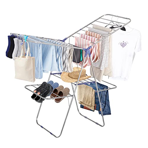 SUPER DEAL Clothes Drying Rack with Socks Clips, 2 Tier Gullwing Laundry Rack Adjustable and Foldable Wings for Easy Storage Heavy Duty Stainless Steel, Silver
