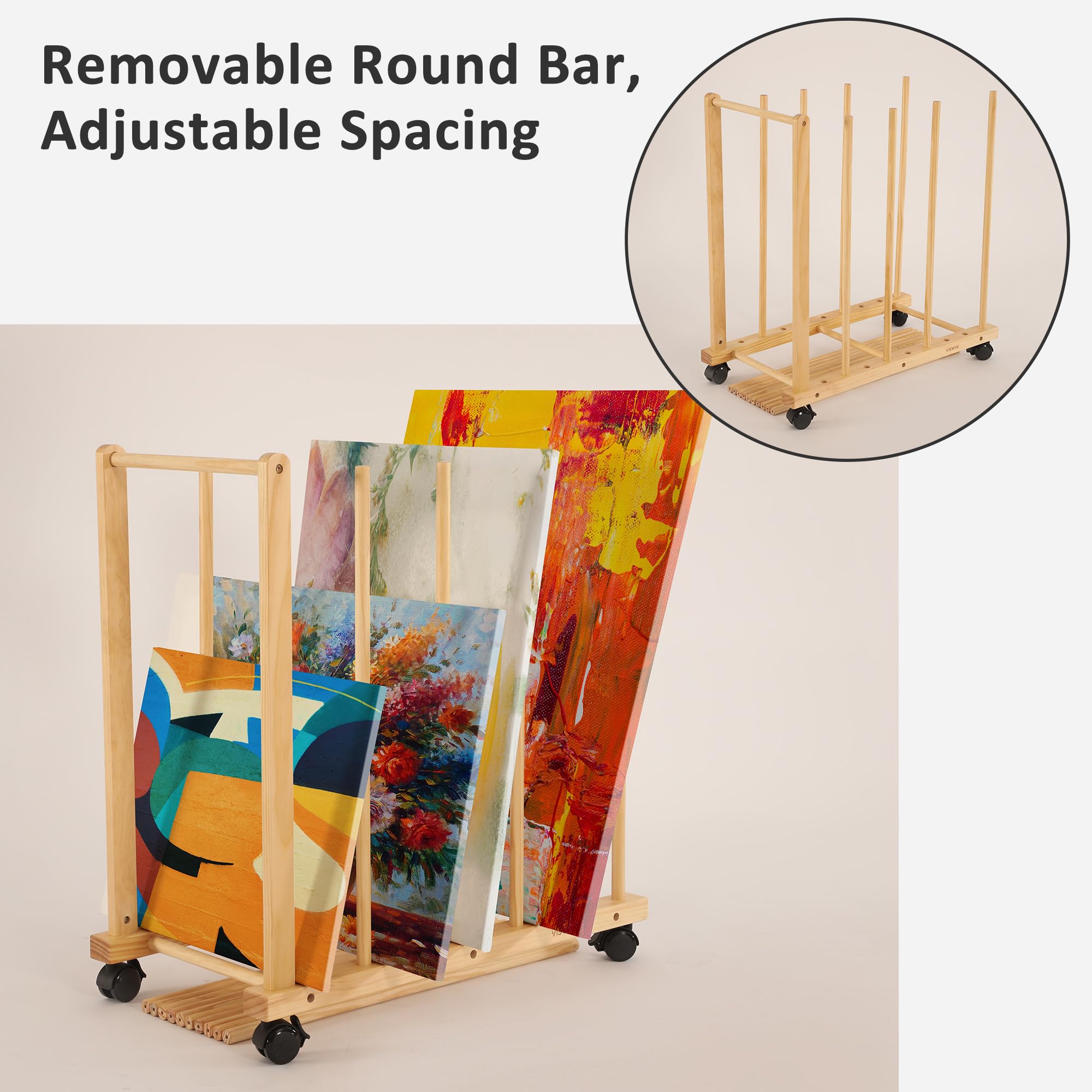 VISWIN Wooden Large Print Rack with Rolling Casters & Armrest, Art Storage Organizer, Art Storage Rack, Drying Rack Art for Canvas, Artwork, Prints, Panels, Posters, Art Shows & Galleries