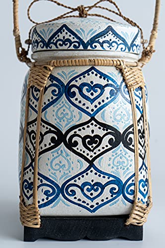 Siam Sawadee White Weaved Bamboo Rice Basket, Hand Woven Thai Rattan Jar, Handcrafted Traditional Household Wicker Container, Moroccan Pattern Painted, Handmade in Thailand, 7x12 inches